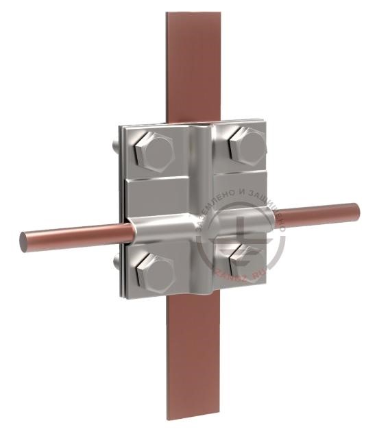 Cruciform clamp for the connection of two conductors